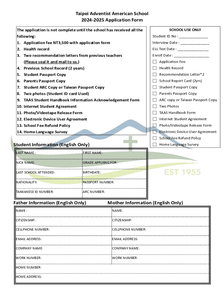 Fillable Online Taipei Adventist American School Application Fax Email Print - pdfFiller