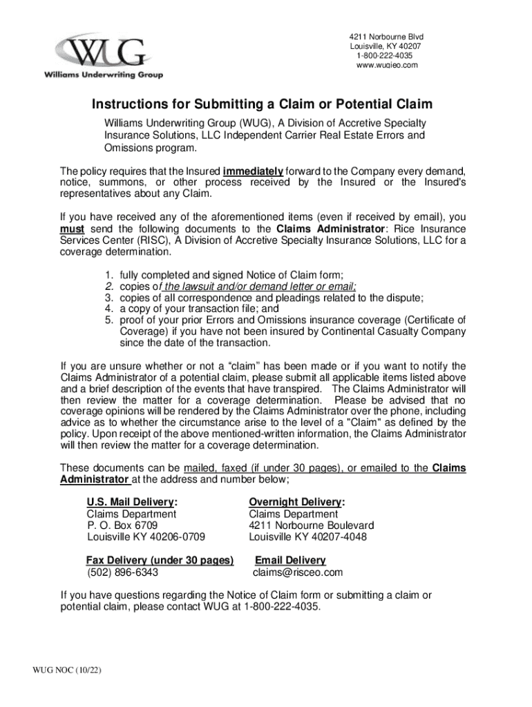 Fillable Online Williams Underwriting Group Notice of Claim Fax Email ...