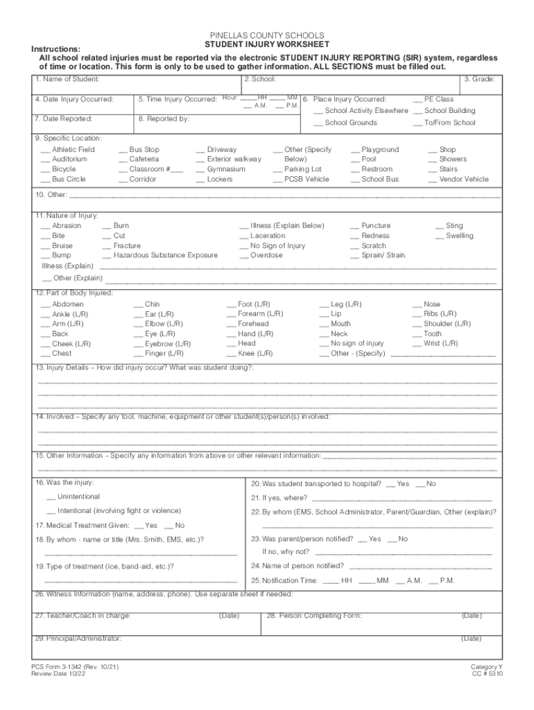 Fillable Online Pinellas County Schools Student Injury Worksheet Fax ...