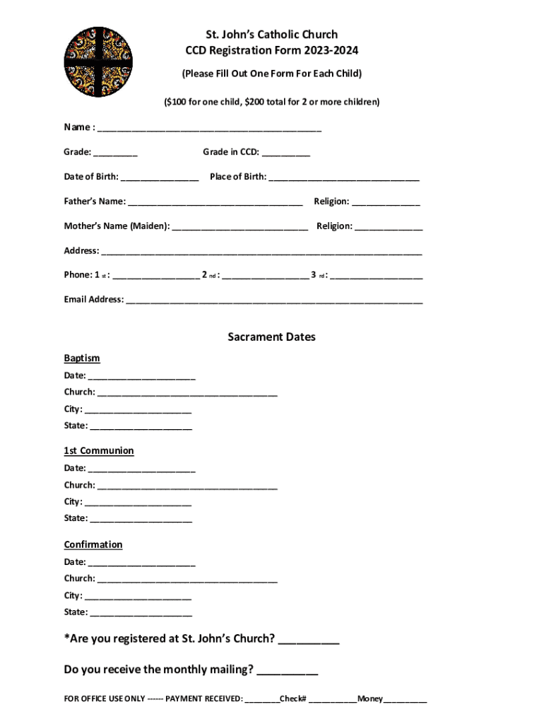 Fillable Online St. John’s Catholic Church Ccd Registration Form 2023 ...