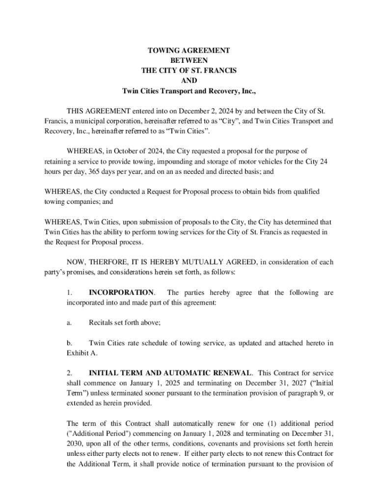 Fillable Online Towing Agreement Between the City of St. Francis and ...