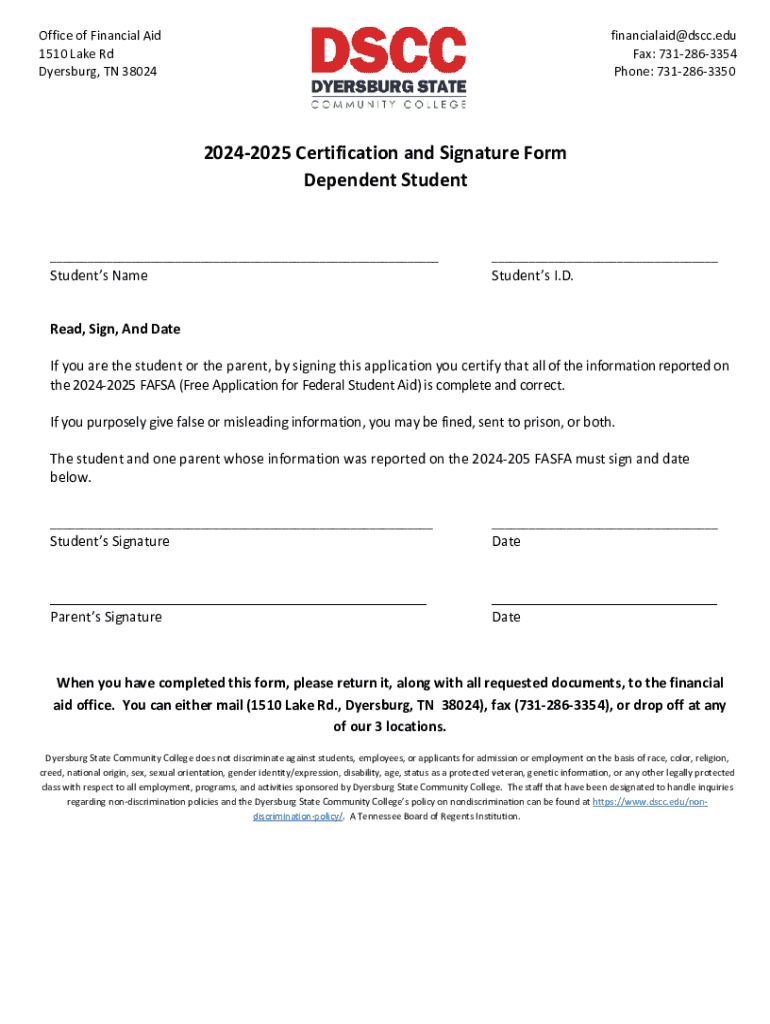 Fillable Online Dependent Student Certification and Signature Fax Email ...