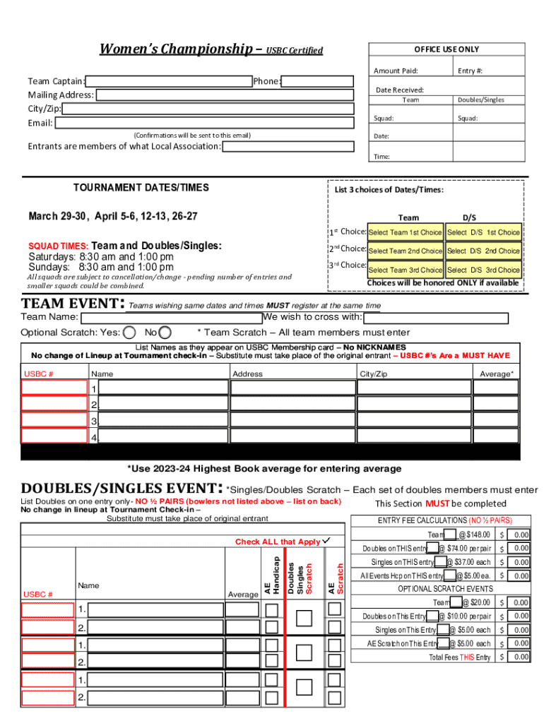 Fillable Online 98th Annual Women's Championship Tournament Fax Email ...