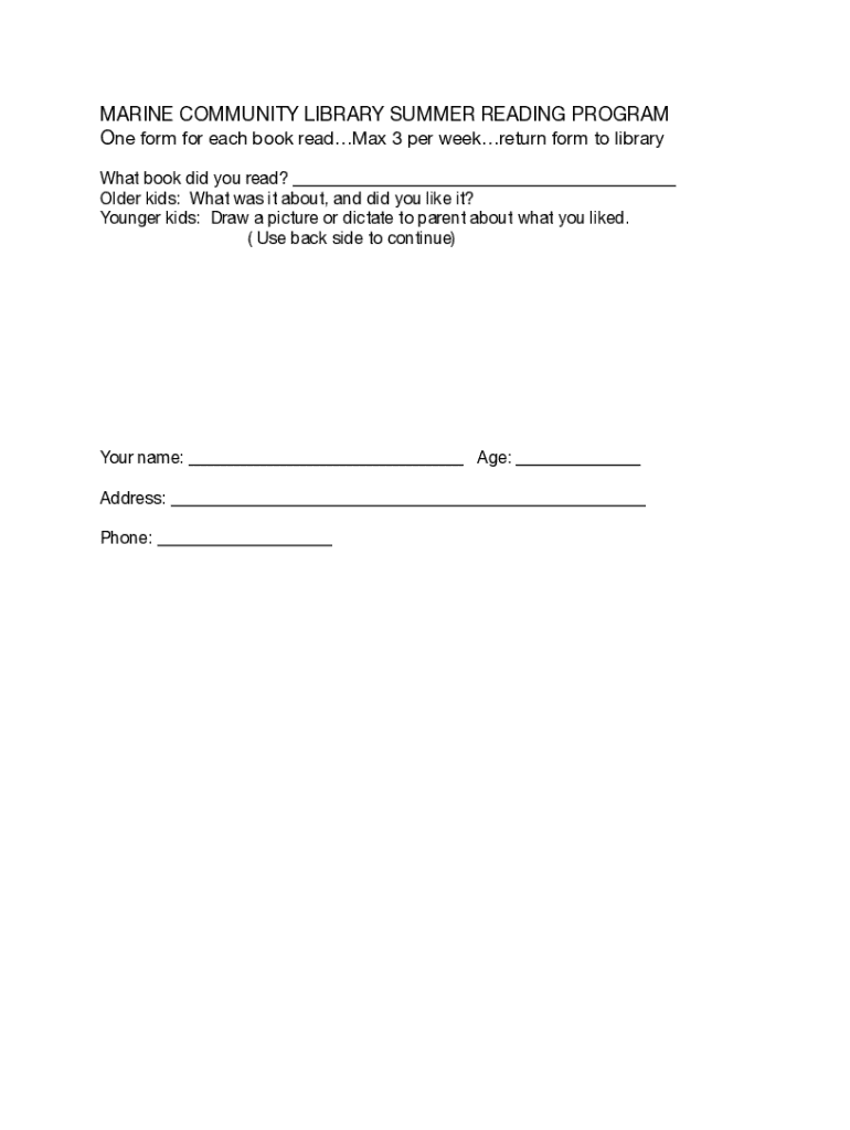 Fillable Online Marine Community Library Summer Reading Program Fax ...