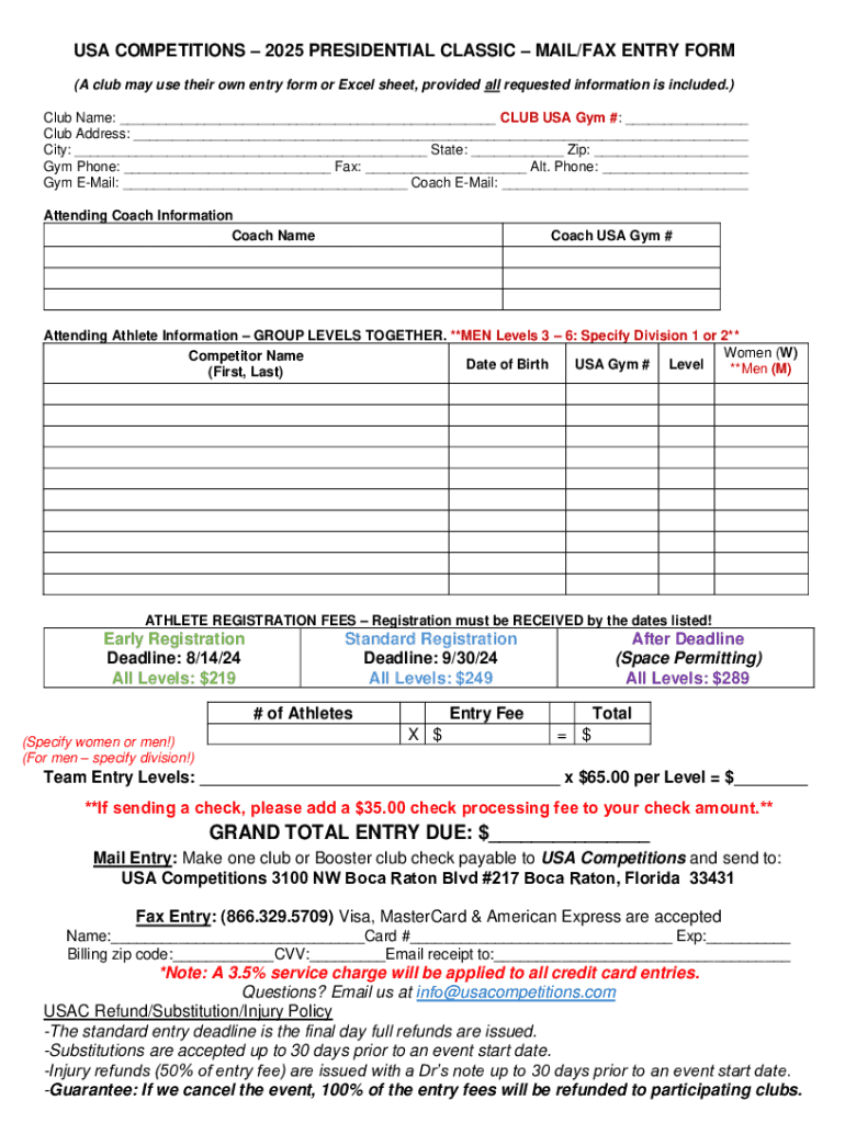 Fillable Online Usa Competitions – 2025 Presidential Classic Entry Form Fax Email Print - pdfFiller