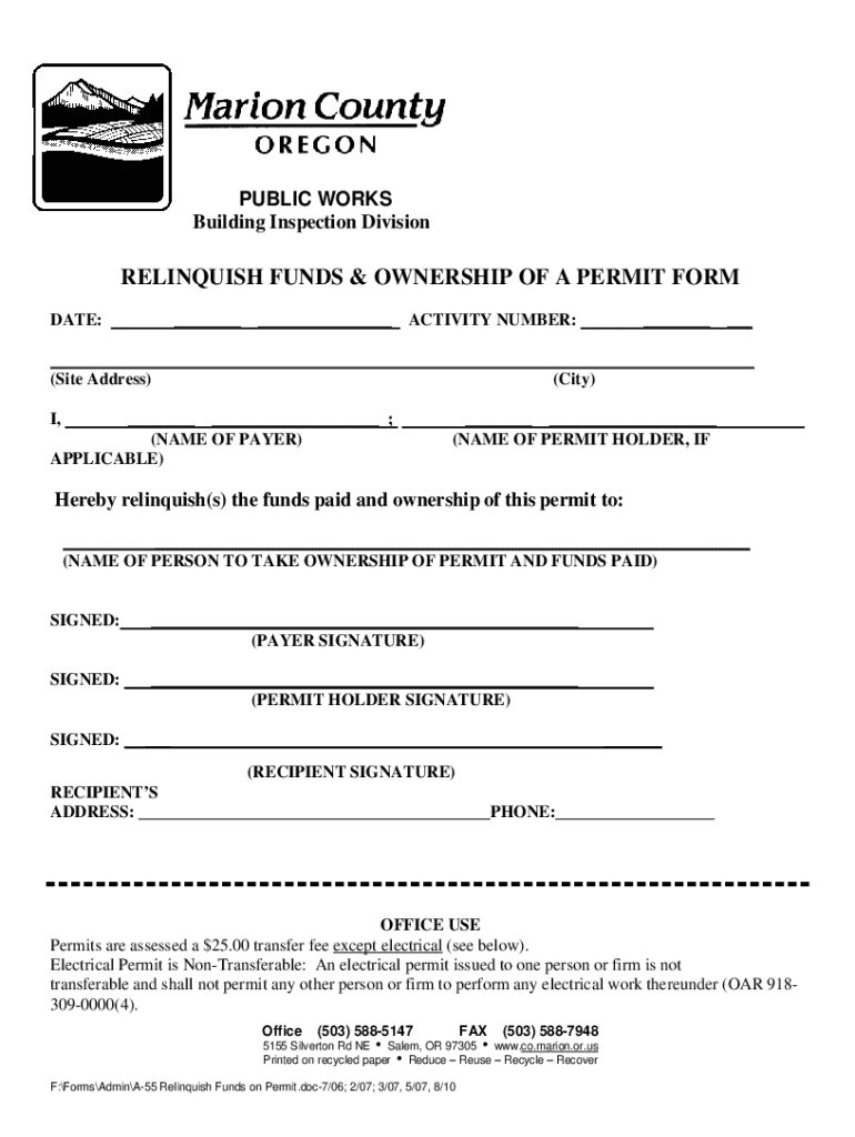 Fillable Online Relinquish Funds & Ownership of a Permit Fax Email ...