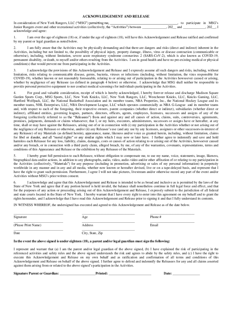 Fillable Online Acknowledgement and Release for Participation in Activities Fax Email Print ...