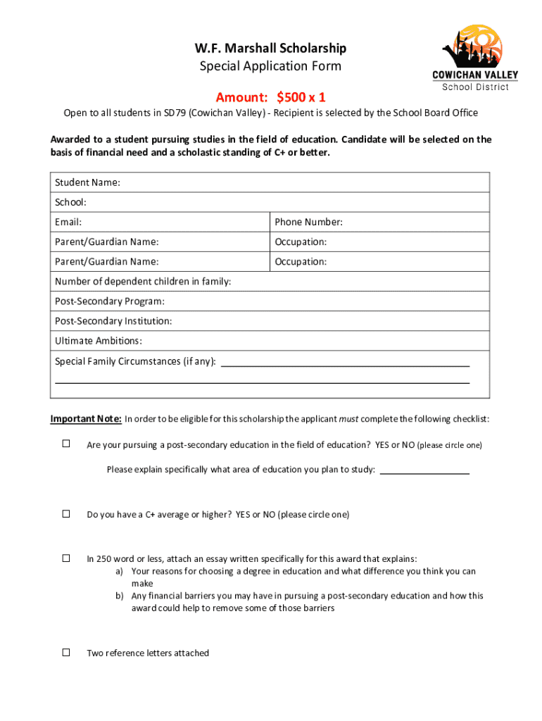 Fillable Online W.f. Marshall Scholarship Fax Email Print - pdfFiller