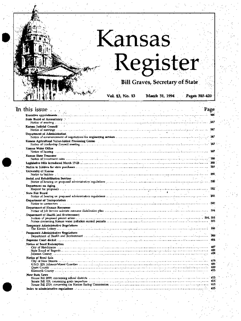 Fillable Online Kansas Register Volume 13, No. 13 Fax Email Print ...