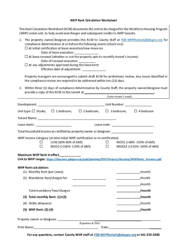 Fillable Online Whp Rent Calculation Worksheet Fax Email Print - pdfFiller