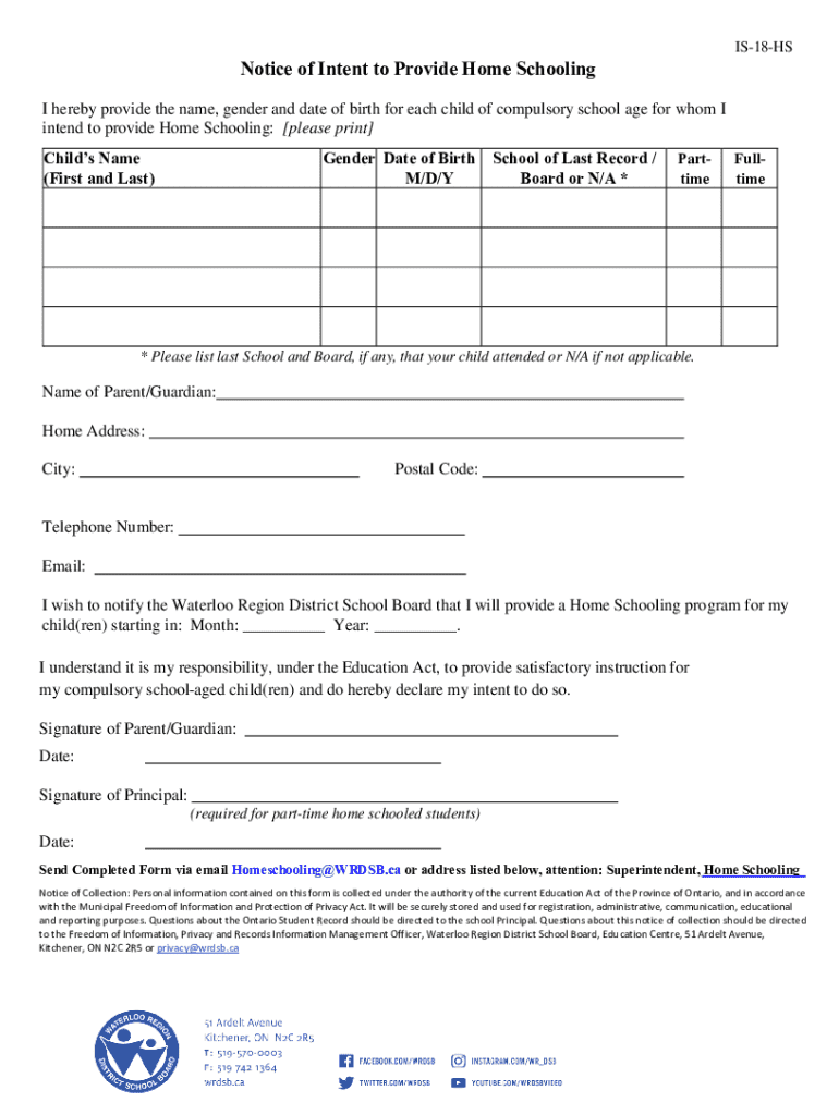 Fillable Online Notice of Intent to Provide Home Schooling Fax Email Print - pdfFiller