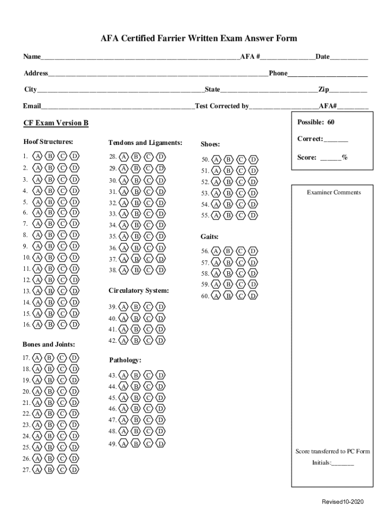 Fillable Online Afa Certified Farrier Written Exam Fax Email Print ...
