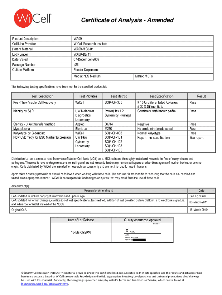 Fillable Online Certificate of Analysis for Wa09 Cell Line Fax Email ...
