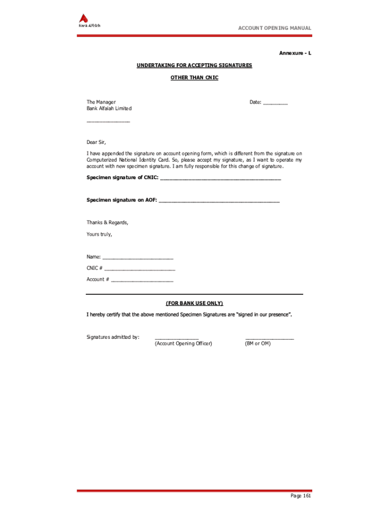 Fillable Online Undertaking for Accepting Signatures Other Than Cnic ...