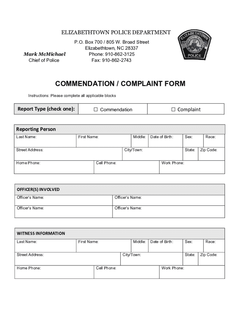 Fillable Online Elizabethtown Police Department Commendation ...