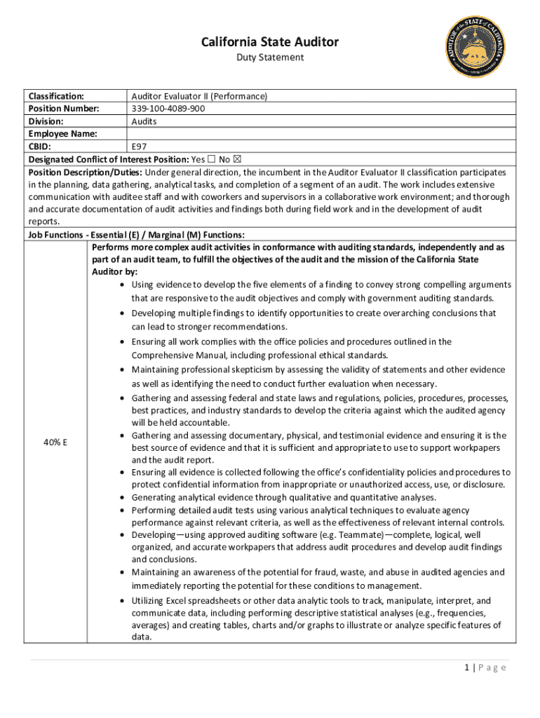 Fillable Online Auditor Evaluator Ii (performance) Fax Email Print - pdfFiller