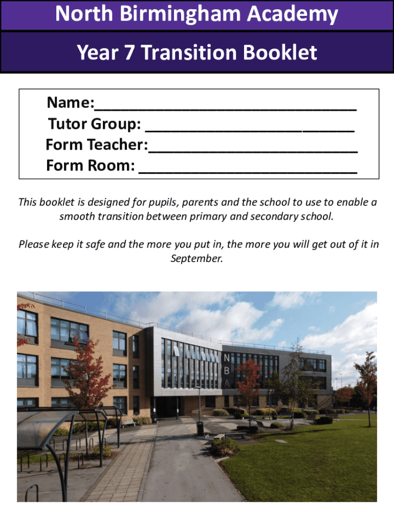Fillable Online North Birmingham Academy Year 7 Transition Booklet Fax ...