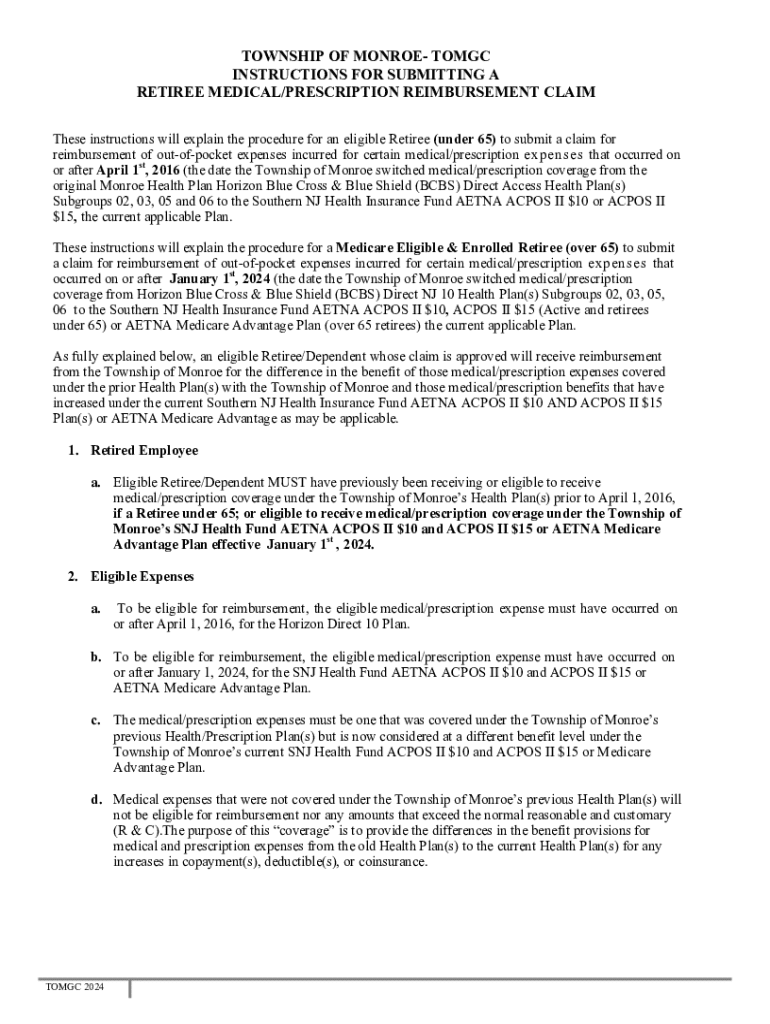 Fillable Online Instructions for Submitting a Retiree Medical/prescription Reimbursement Claim ...