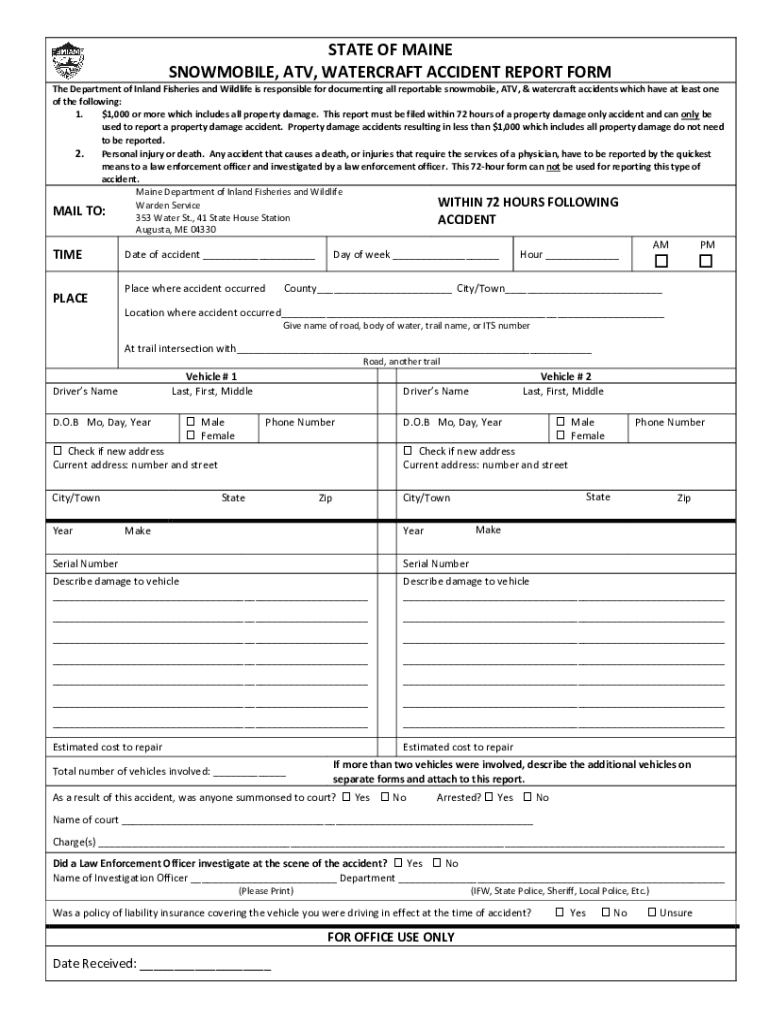 Fillable Online State of Maine Snowmobile, Atv, Watercraft Accident ...