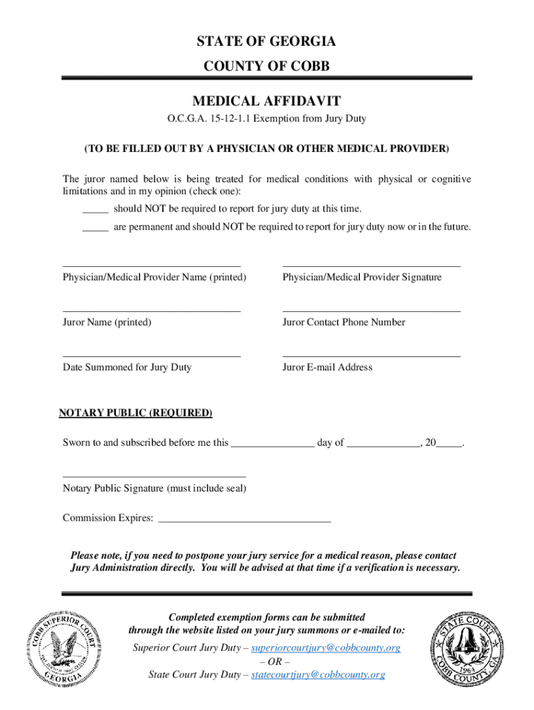 Fillable Online Medical Affidavit for Jury Duty Exemption Fax Email ...