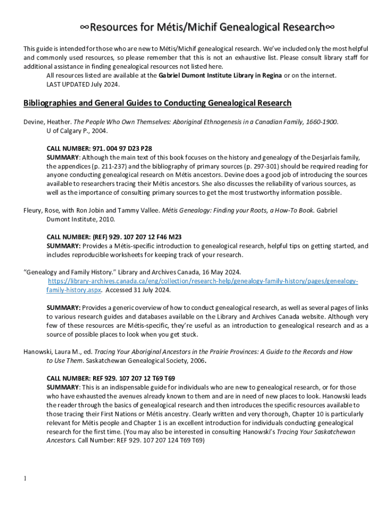 Fillable Online Resources for Mtis/Michif Genealogical Research Fax ...