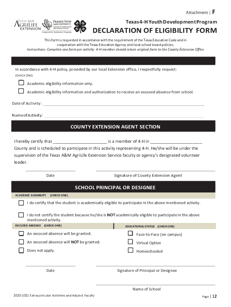 Fillable Online Texas 4-h Youth Development Program - Declaration of Eligibility Fax Email Print ...