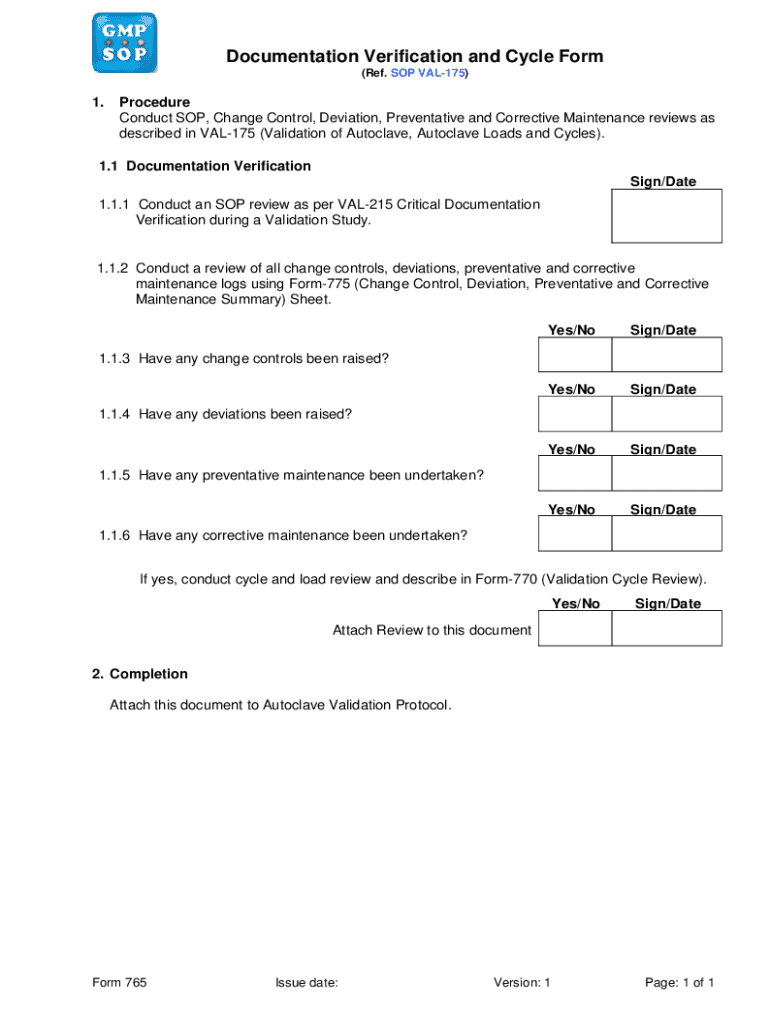 Fillable Online Documentation Verification and Cycle Form (ref. Sop Val-175) Fax Email Print ...