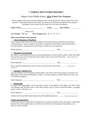 Fillable Online Harper Creek Middle School After School Care Program ...