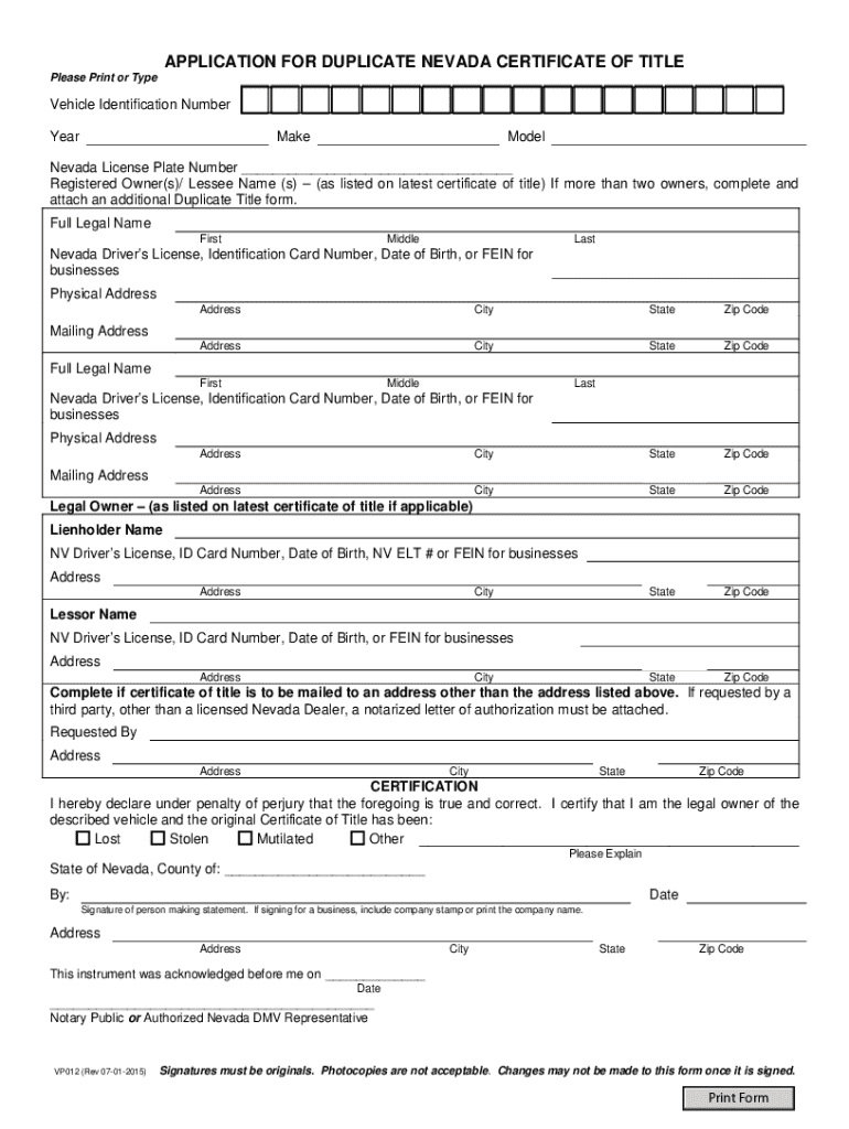 Fillable Online Application for Duplicate Nevada Certificate of Title ...