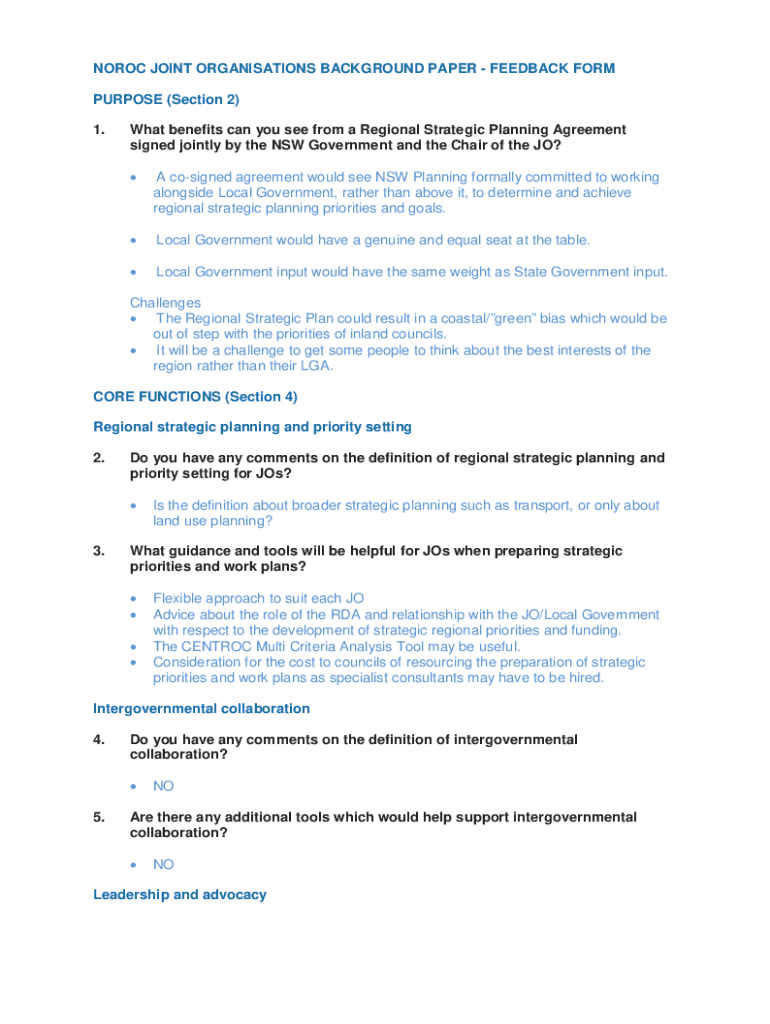 Fillable Online Noroc Joint Organisations Background Paper - Feedback ...