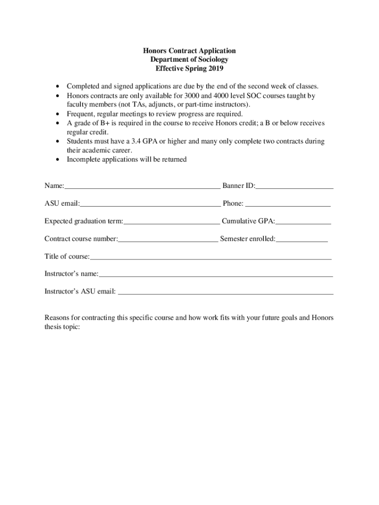 Fillable Online Honors Contract Application - Department of Sociology Fax Email Print - pdfFiller