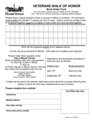 Fillable Online Veterans Walk of Honor Brick Order Fax Email Print ...