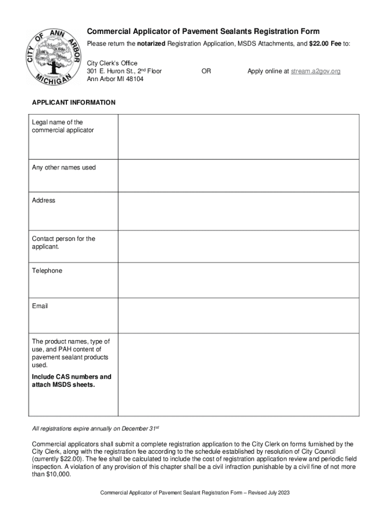 Fillable Online Commercial Applicator of Pavement Sealants Registration ...