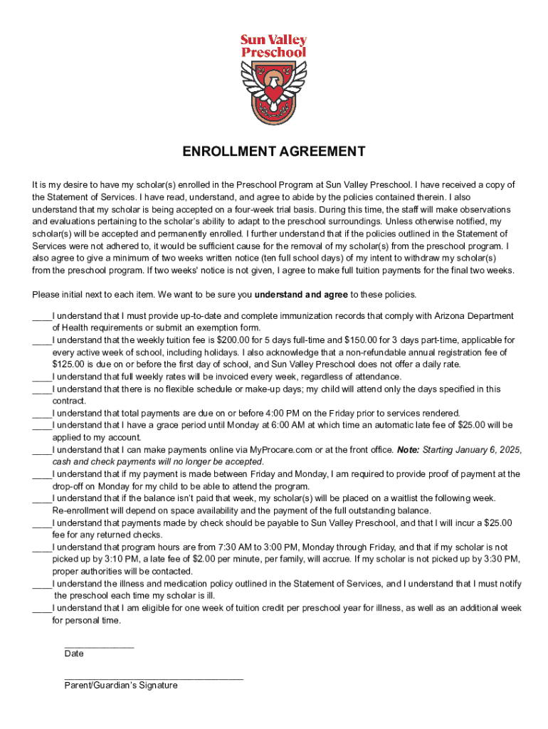 Fillable Online Sun Valley Preschool Enrollment Agreement Fax Email ...