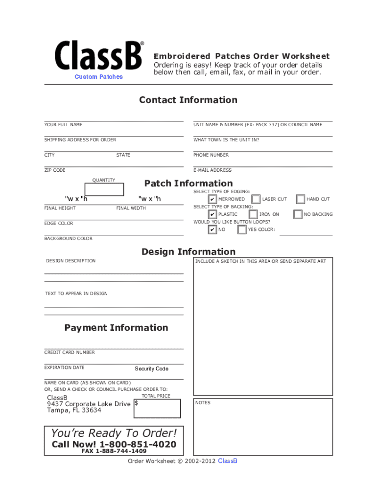 Fillable Online Embroidered Patches Order Sheet Fax Email Print - pdfFiller