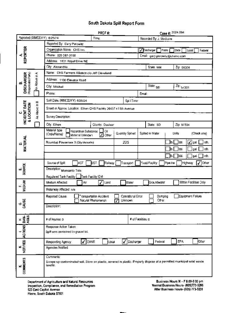 Fillable Online South Dakota Spill Report Form Case # 2024 Fax Email ...