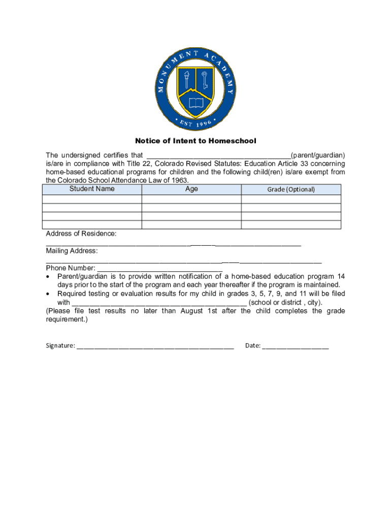 Fillable Online Notice of Intent to Homeschool Fax Email Print - pdfFiller