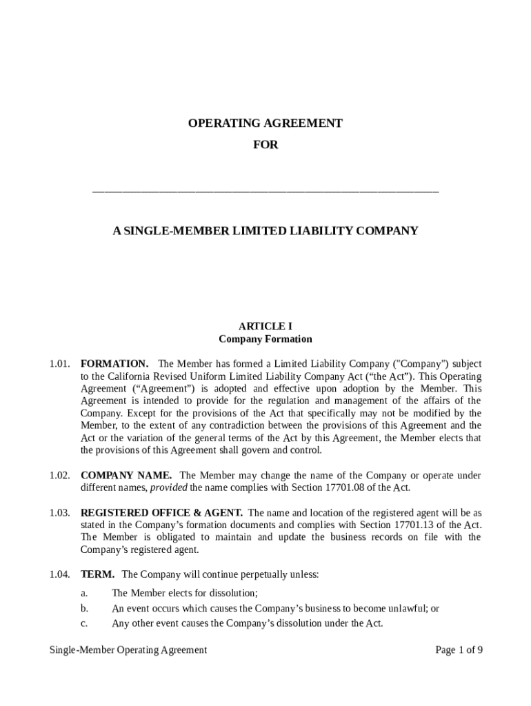 Fillable Online Operating Agreement for a Single-member Limited ...