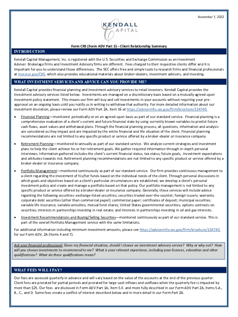 Fillable Online Form CRS (Form ADV Part 3) Client Relationship Summary ...