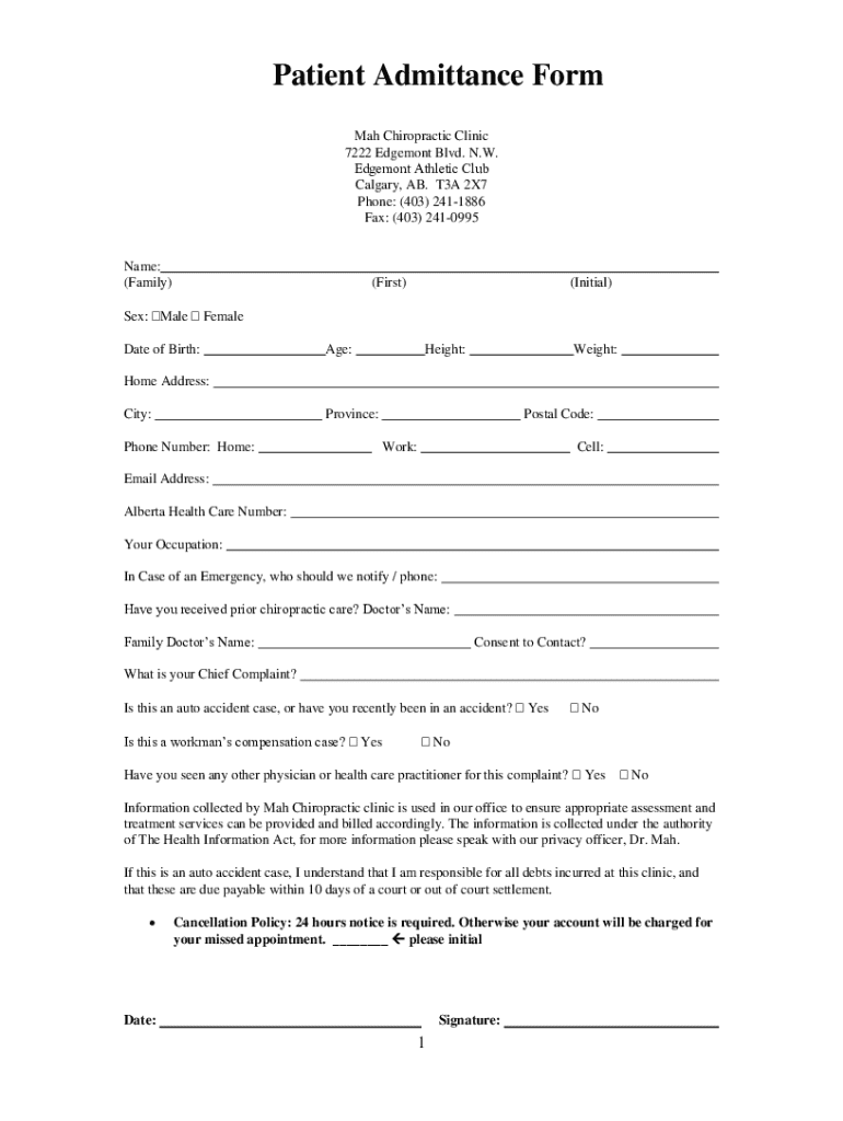 Fillable Online Patient Admittance Form - Mah Chiropractic Clinic Fax ...