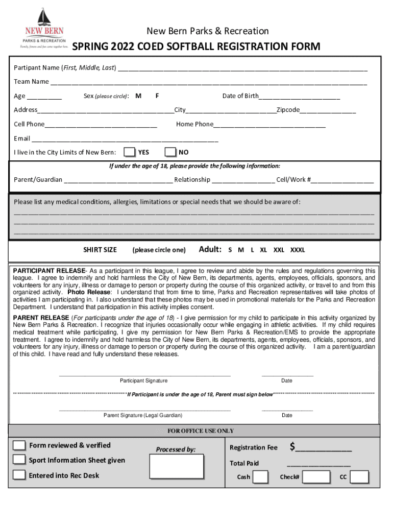 Fillable Online New Bern Parks & Recreation - Spring 2022 Coed Softball Registration Fax Email ...