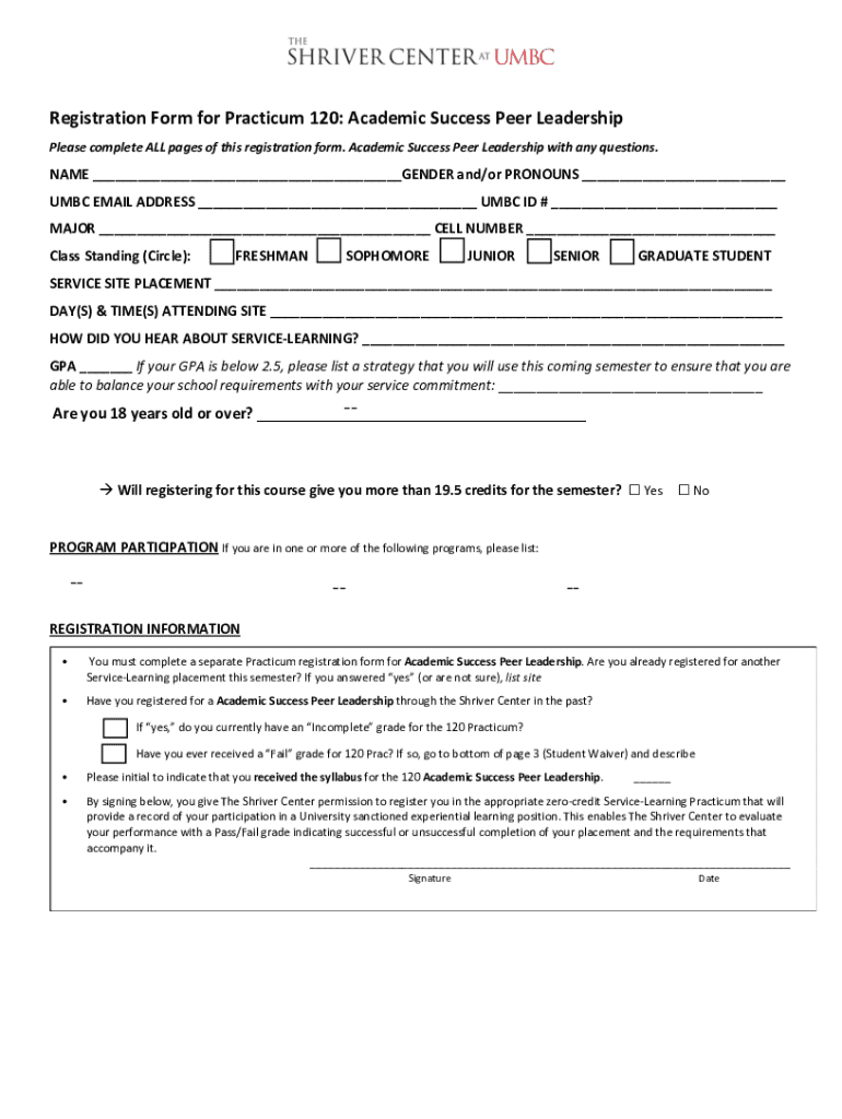 Fillable Online Registration Form for Practicum 120: Academic Success Peer Leadership Fax Email ...