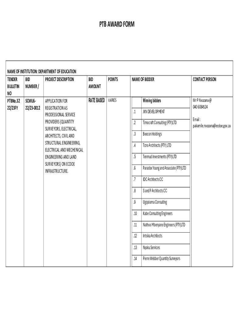 Fillable Online Ptb Award Form Fax Email Print - pdfFiller