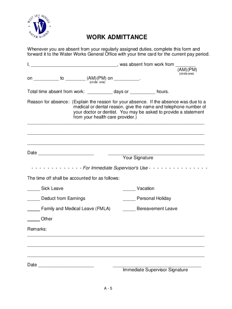 Fillable Online Work Admittance Fax Email Print - pdfFiller