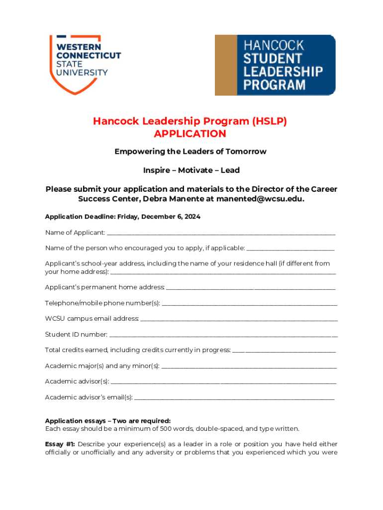 Fillable Online Hancock Leadership Program (hslp) Application Fax Email ...