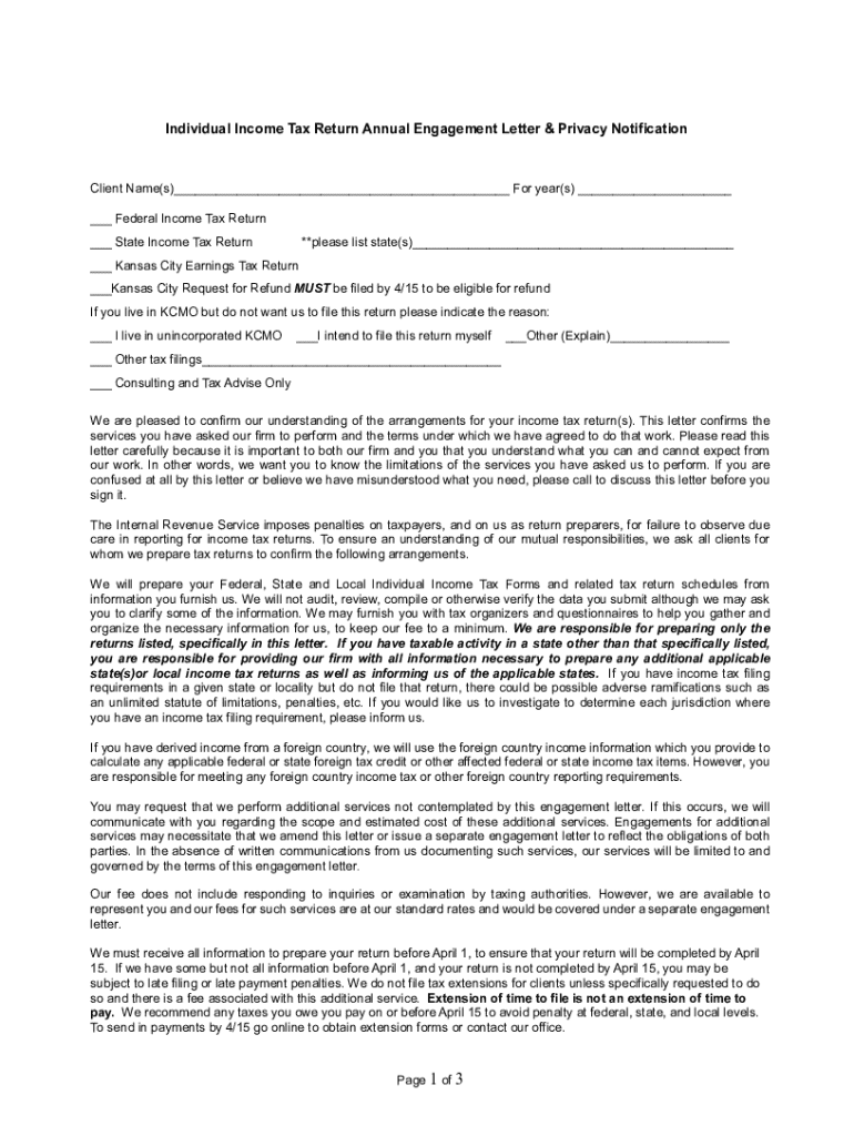 Fillable Online Individual Income Tax Return Annual Engagement Letter Fax Email Print - pdfFiller
