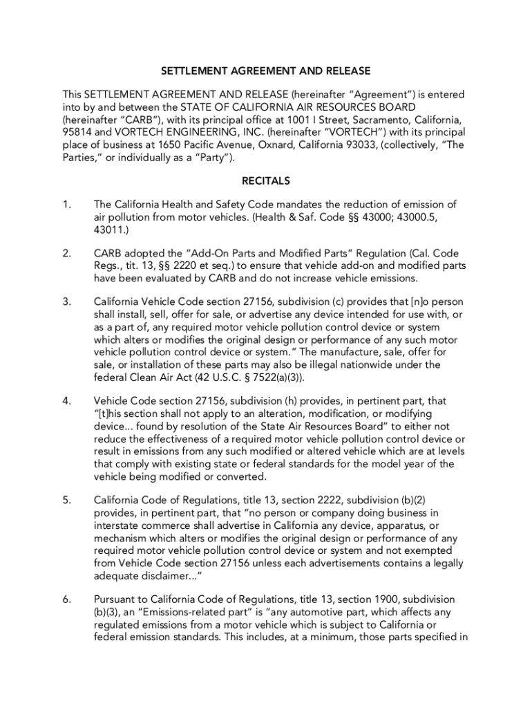 Fillable Online Settlement Agreement Between Carb and Vortech Engineering, Inc. Fax Email Print ...