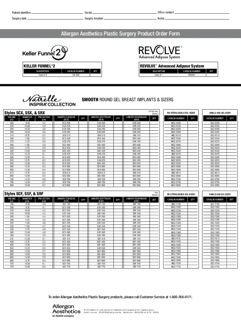 Fillable Online Allergan Aesthetics Plastic Surgery Product Order Form ...