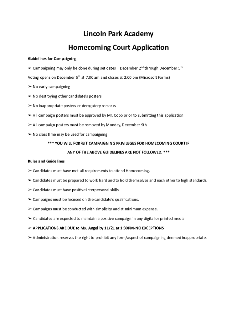 Fillable Online Lincoln Park Academy Homecoming Court Application ...