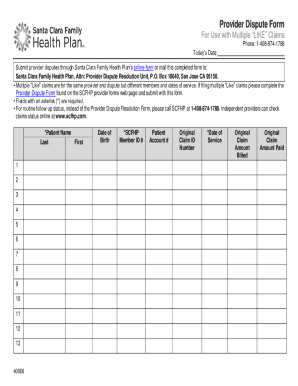 Fillable Online Provider Dispute Form for Use With Multiple 'like ...
